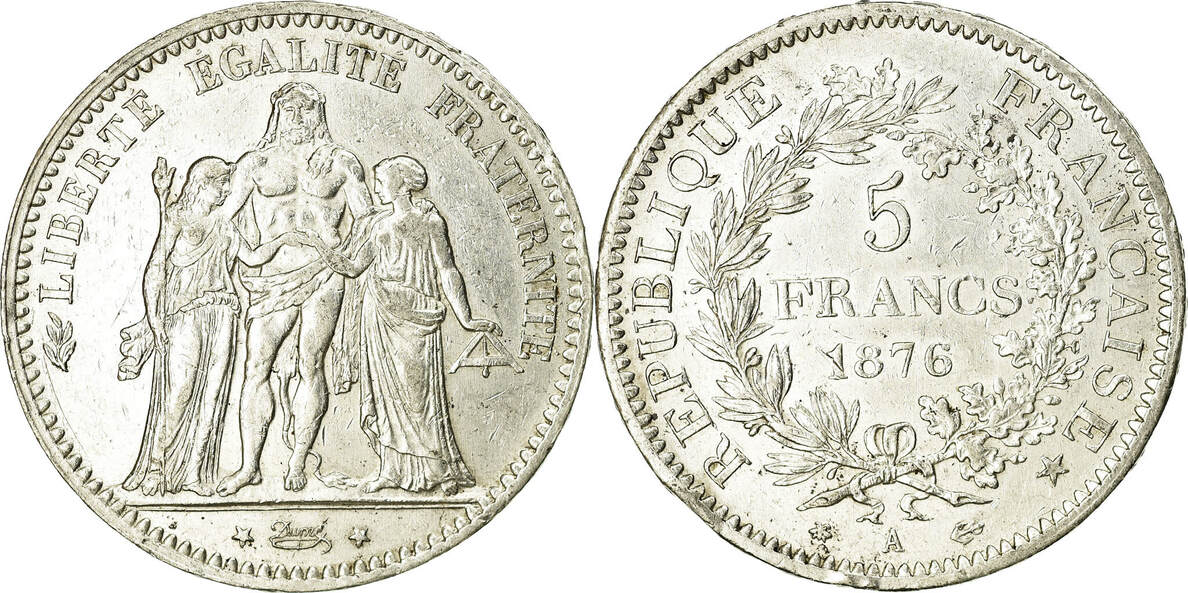 France 5 Francs 1876 A Coin, Hercule, Paris, Silver, KM:820.1 EF(40-45 ...