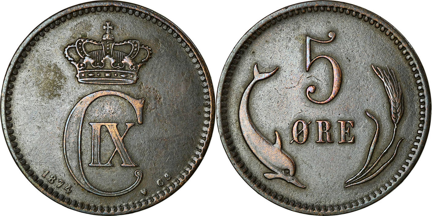 Denmark 5 Öre 1874 (h) Coin, Christian IX, Copenhagen, Bronze AU(50-53 ...