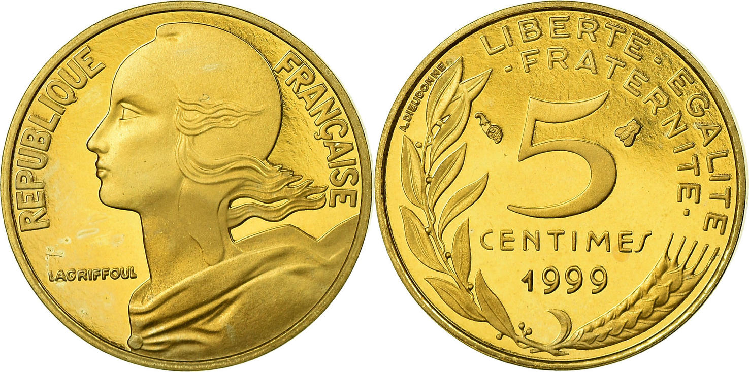 France 5 Centimes 1999 Paris Coin, Marianne, Paris, BE, Aluminum-Bronze ...