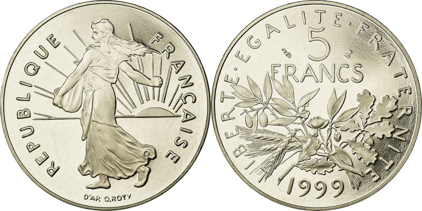 France 5 Francs 1999 Paris Coin, Semeuse, Paris, BE, Nickel Clad MS(65-70) | MA-Shops
