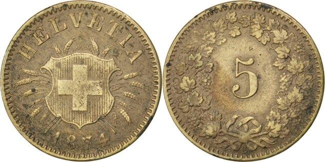 Switzerland 5 Rappen 1874 B Coin, Bern, Billon, KM:5 AU(50-53) | MA-Shops