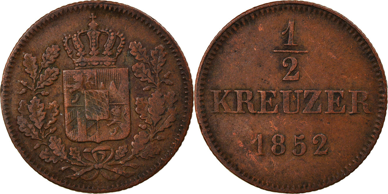 German States 1/2 Kreuzer, 4 Pfennig 1852 Coin, WURTTEMBERG, Wilhelm I ...