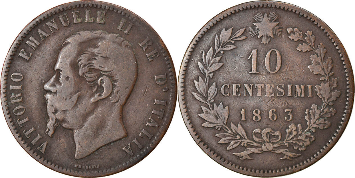 Italy 10 Centesimi 1863 Coin, Vittorio Emanuele II, Copper EF(40-45 ...