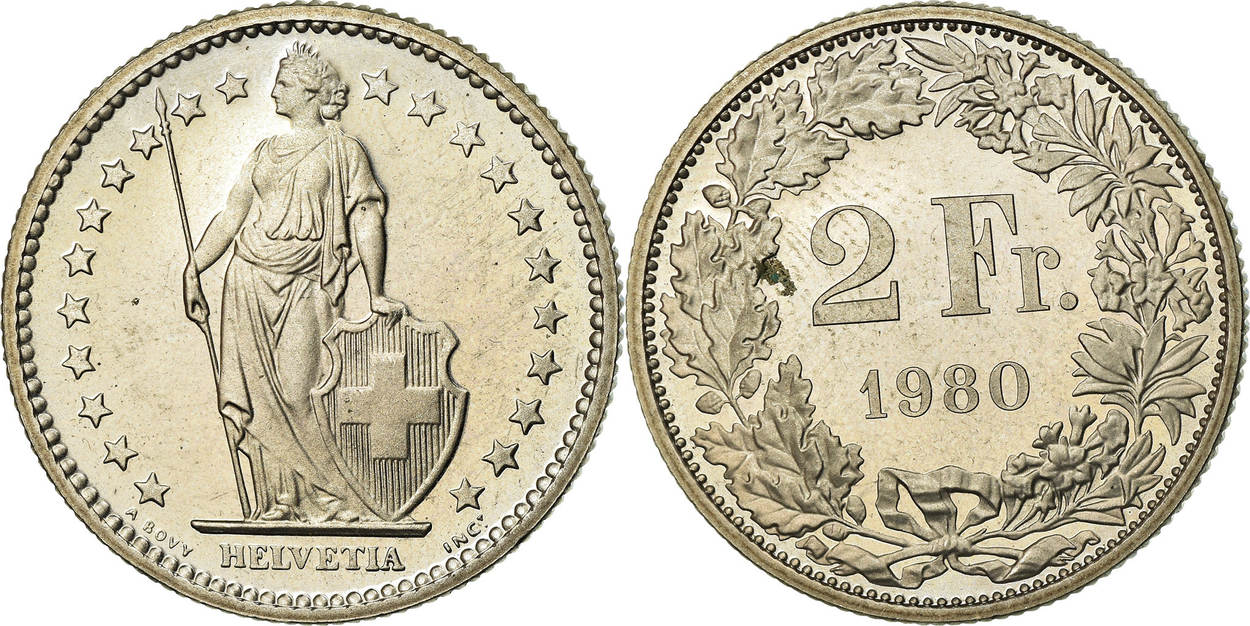 Switzerland 2 Francs 1980 Bern Coin, Bern, Proof, Copper-nickel, KM:21a ...