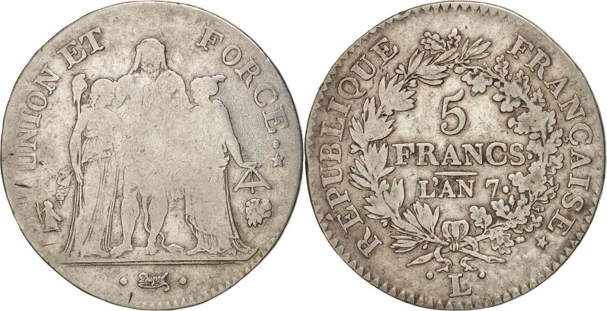 France 5 Francs 1798 L Coin, Union et Force, Bayonne, Silver VF(20-25 ...