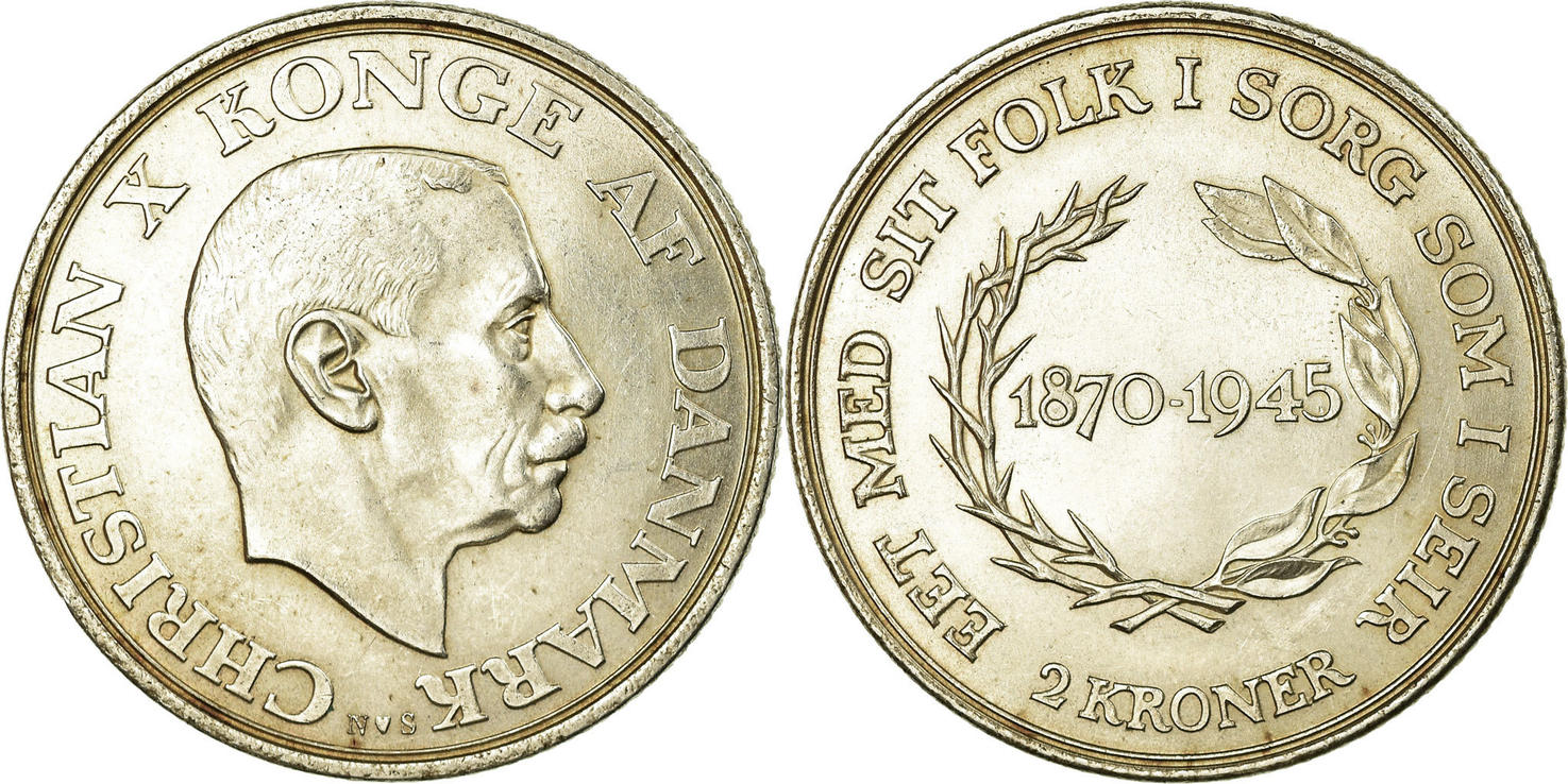 Denmark 2 Kroner 1945 (h) Coin, Christian X, Copenhagen, Silver, KM:836 ...