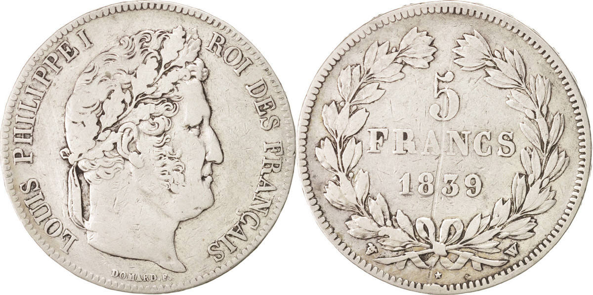 France 5 Francs 1839 W Coin, Louis-Philippe, Lille, Silver VF(30-35 ...