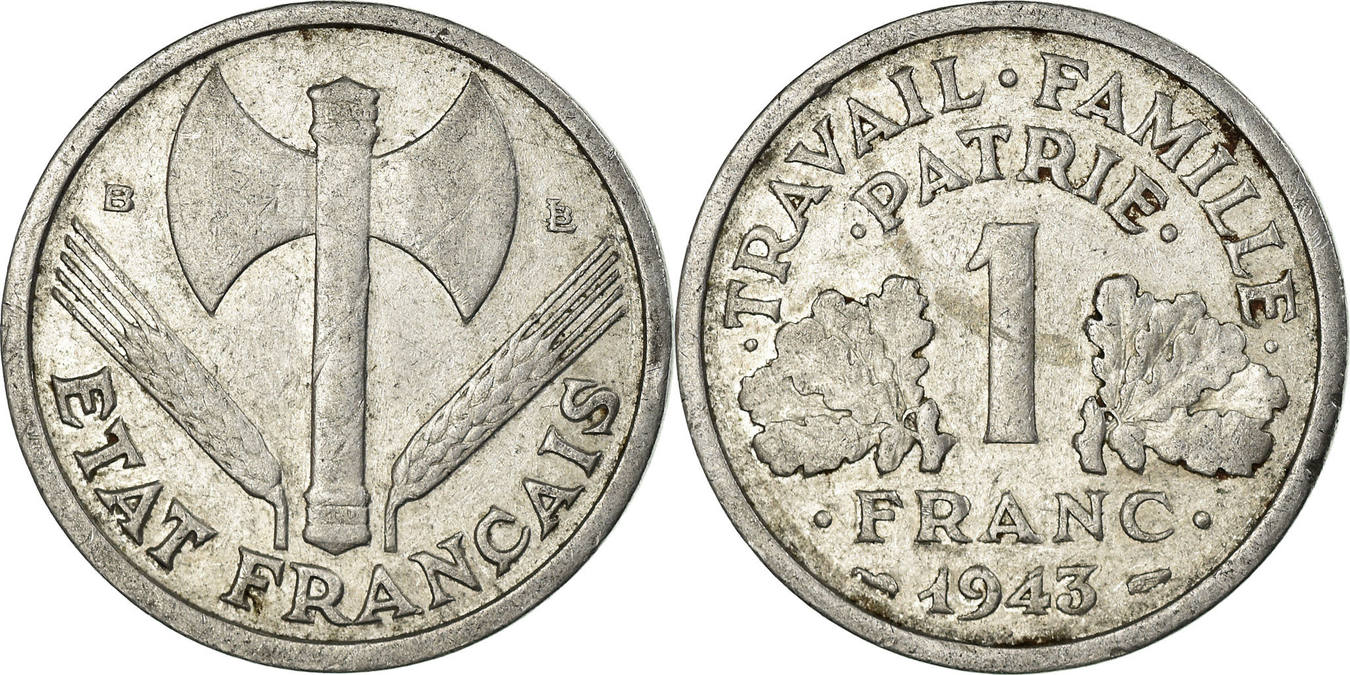 France Franc 1943 B Coin, Bazor, Beaumont-le-Roger, Aluminum VF(30-35 ...