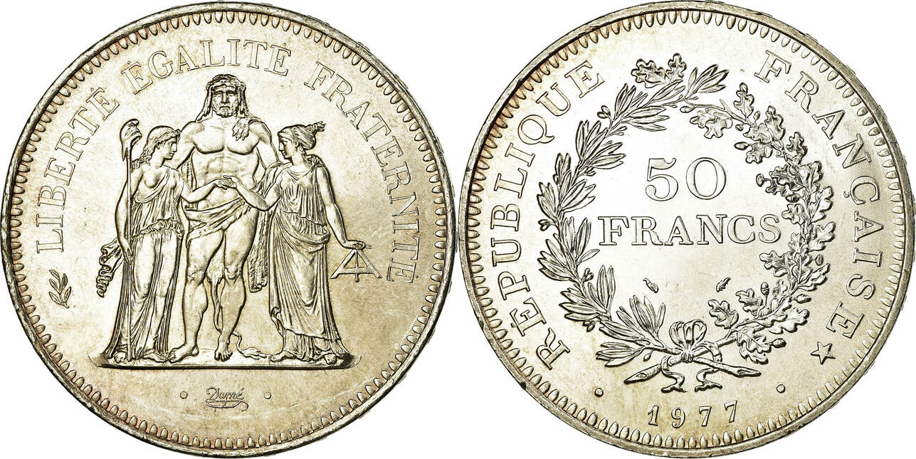 France 50 Francs 1977 Paris Coin, Hercule, Paris, Silver, KM:941.1 MS ...
