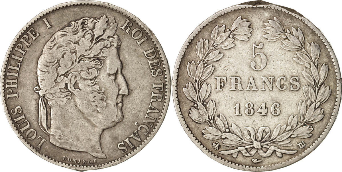 France 5 Francs 1846 BB Coin, Louis-Philippe, Strasbourg, Silver VF(30 ...