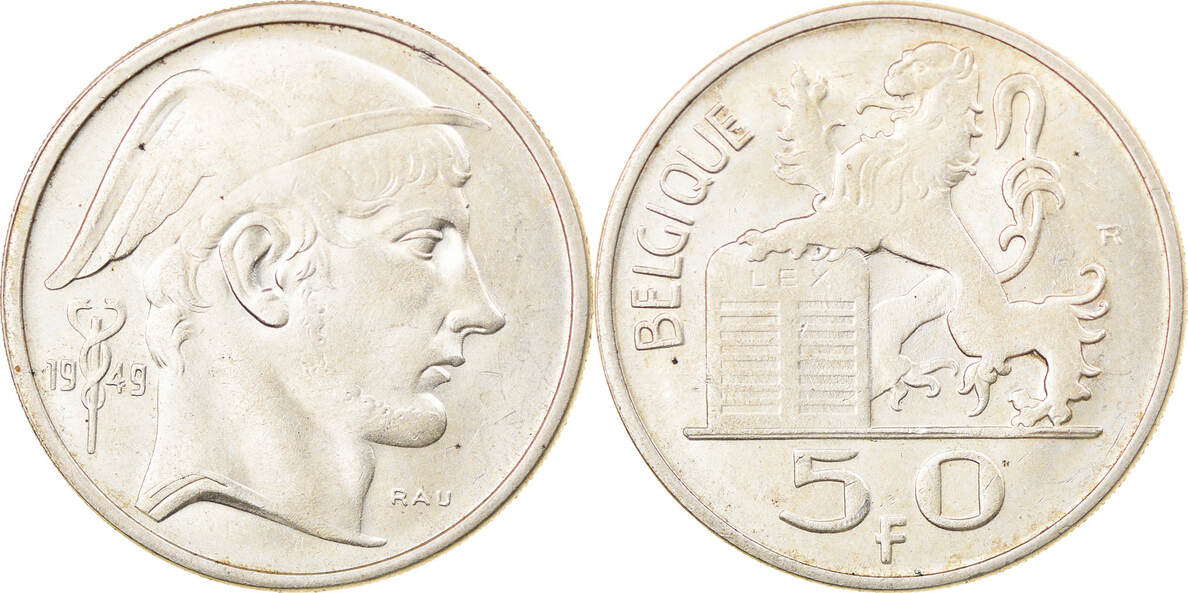 Belgium 50 Francs, 50 Frank 1949 Coin, Silver, KM:136.1 EF(40-45) | MA ...