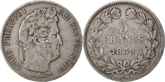 France 5 Francs 1839 B Coin, Louis-Philippe, Rouen, Silver VF(20-25 ...