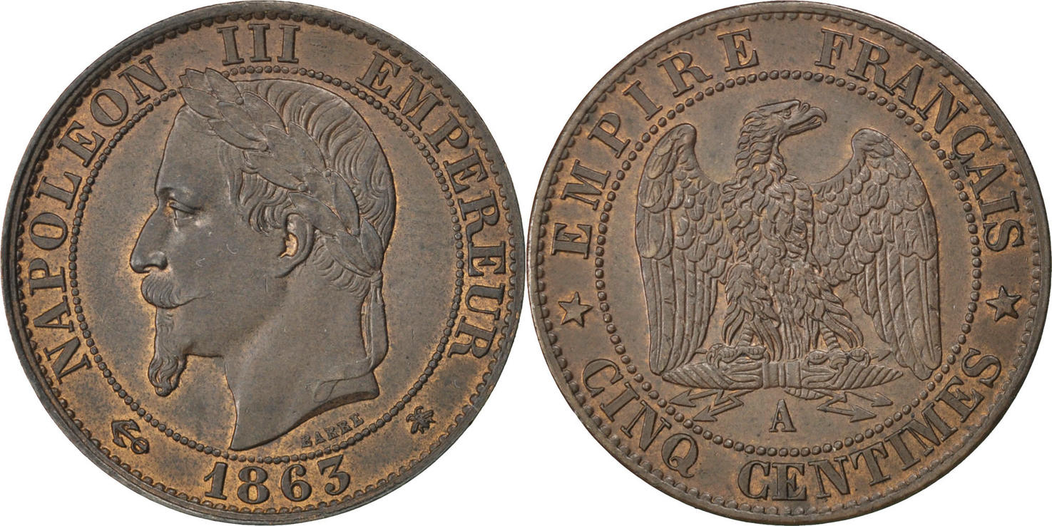 France 5 Centimes 1863 A Coin, Napoleon III, Napoléon III, Paris AU(55 ...