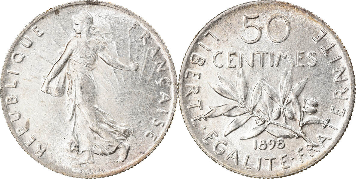 France 50 Centimes 1898 Paris Coin, Semeuse, Paris, Silver, KM:854 AU(50-53) | MA-Shops