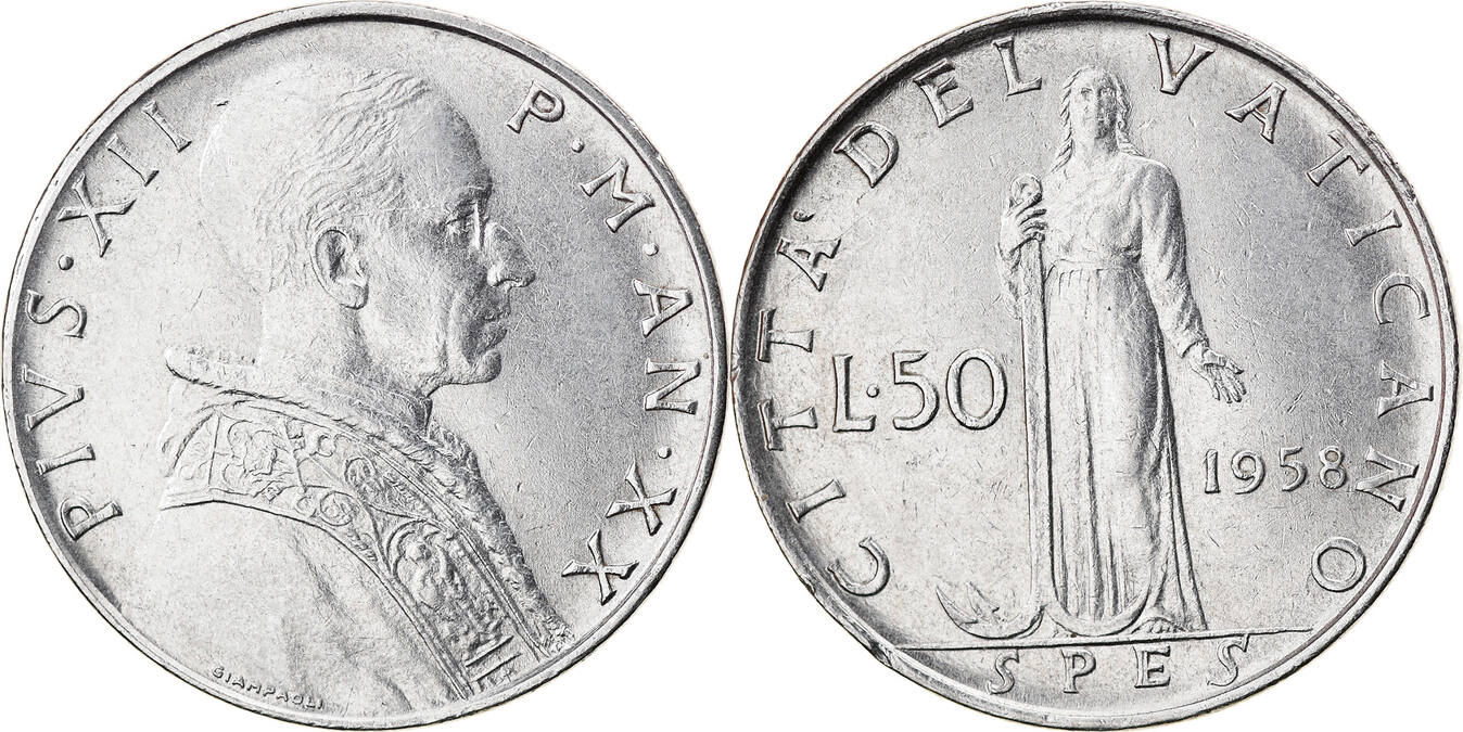 VATICAN CITY 50 Lire 1958 Rome Coin, Pius XII, Roma, Stainless Steel MS ...