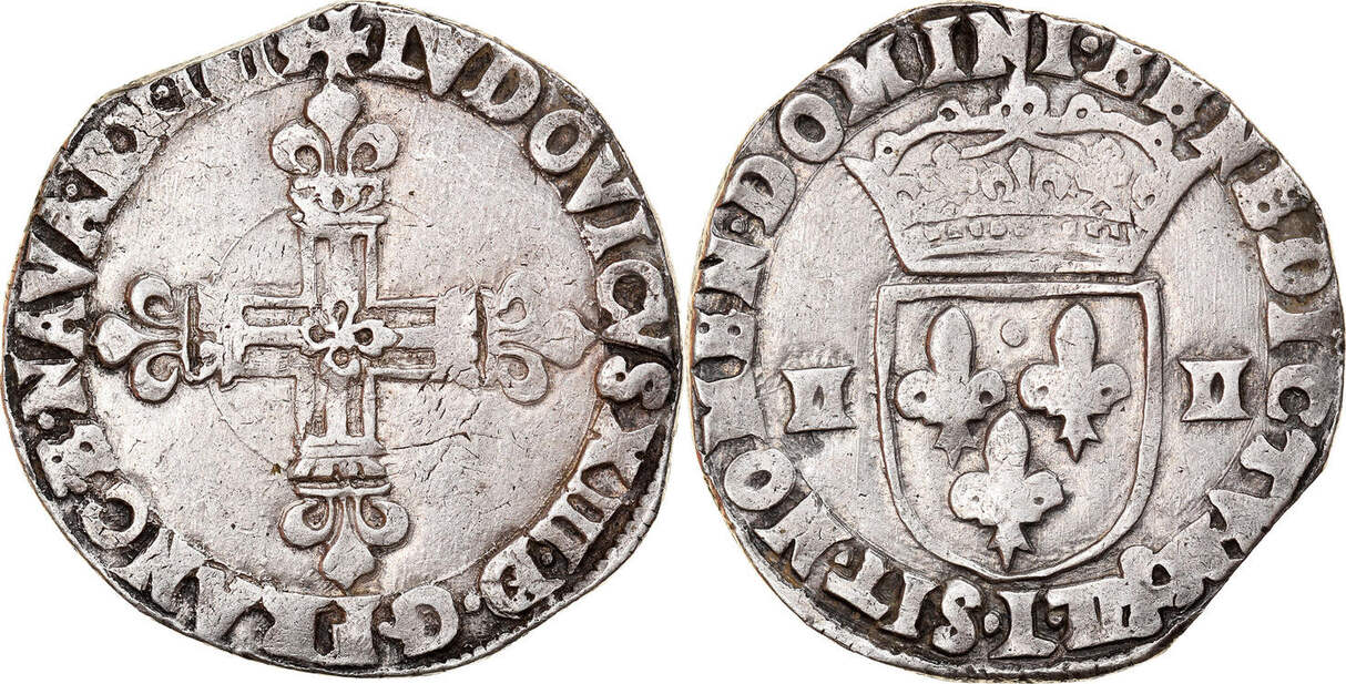 France 1/4 Ecu 1613 L Coin, Louis XIII, 1/4 Écu à la croix, Bayonne VF ...