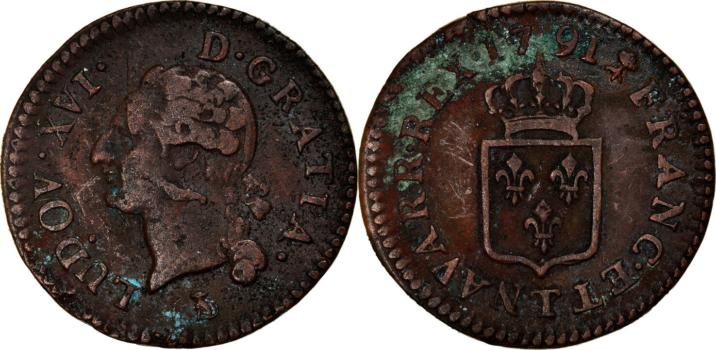 France 1791 T Coin, Louis XVI, Liard, Nantes, Copper EF(40-45) | MA-Shops