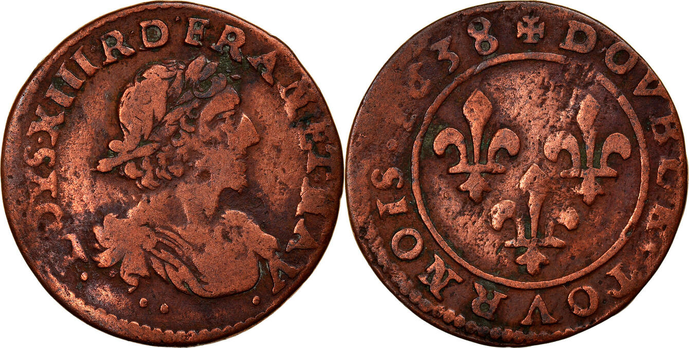 France Double Tournois 1638 Coin, Louis XIII, Louis XIII, Copper VF(30 ...