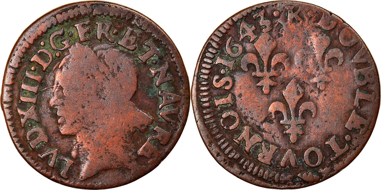 France 1643 K Coin, Louis XIII, Double tournois de Warin, tête à gauche ...