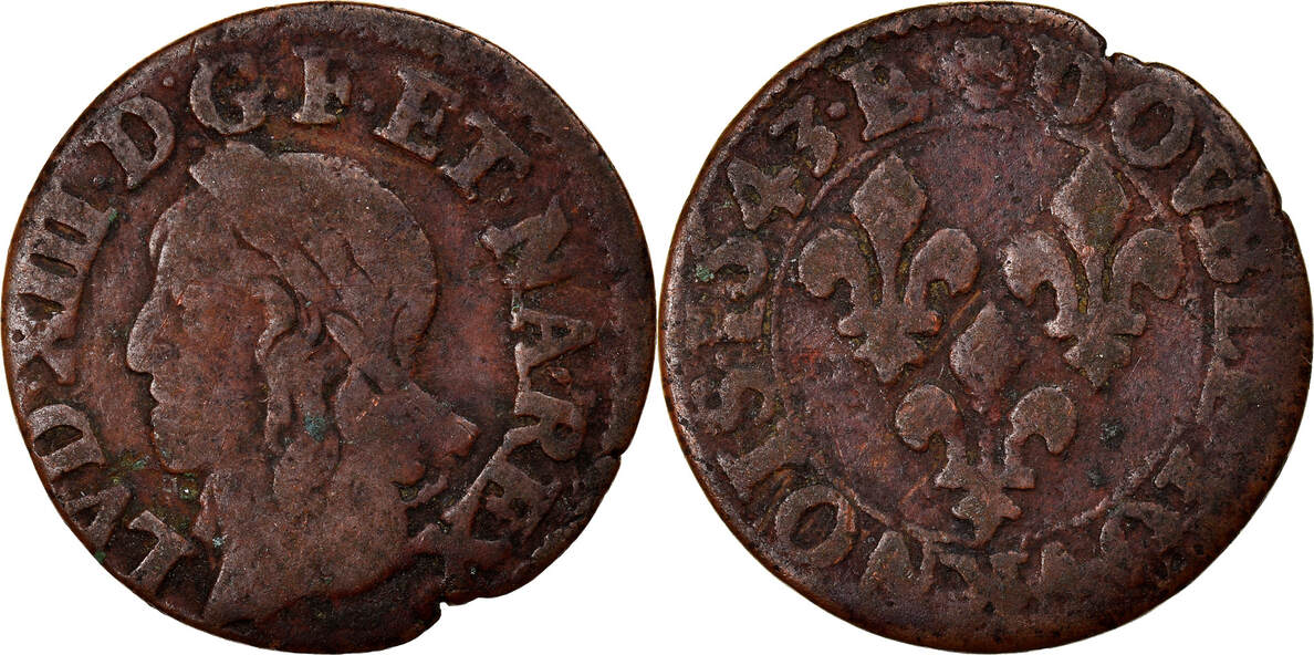 France 1643 E Coin, Louis XIII, Double tournois de Warin, tête à gauche ...
