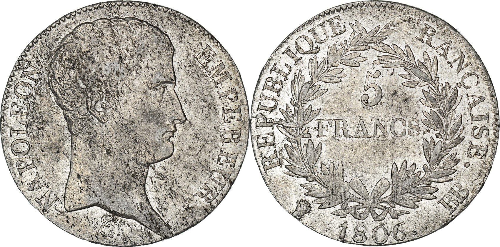 France 5 Francs 1806 BB Coin, Napoléon I, Strasbourg, Silver AU(55-58 ...