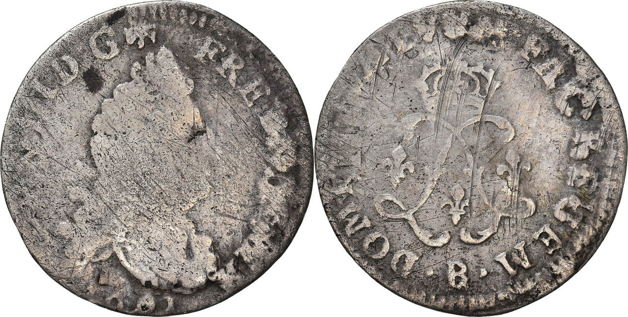 France 4 Sols 2 Deniers 1691 B Coin, Louis XIV, 4 Sols aux 2 L, Rouen ...