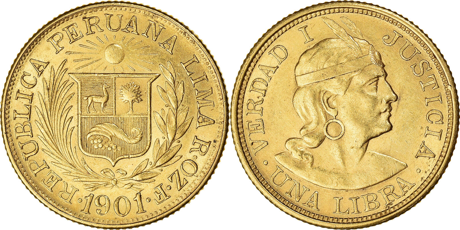 Peru Libra, Pound 1901 Lima Coin, Lima, Gold, KM:207 AU(55-58) | MA-Shops