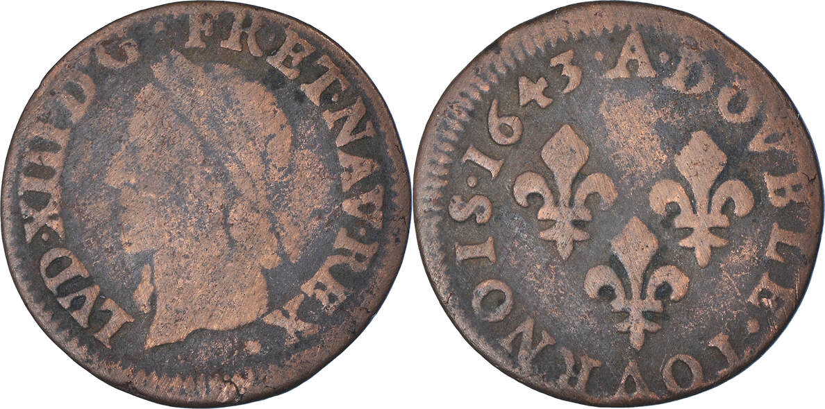 France 1643 A Coin, Louis XIII, Double tournois de Warin, tête à gauche ...