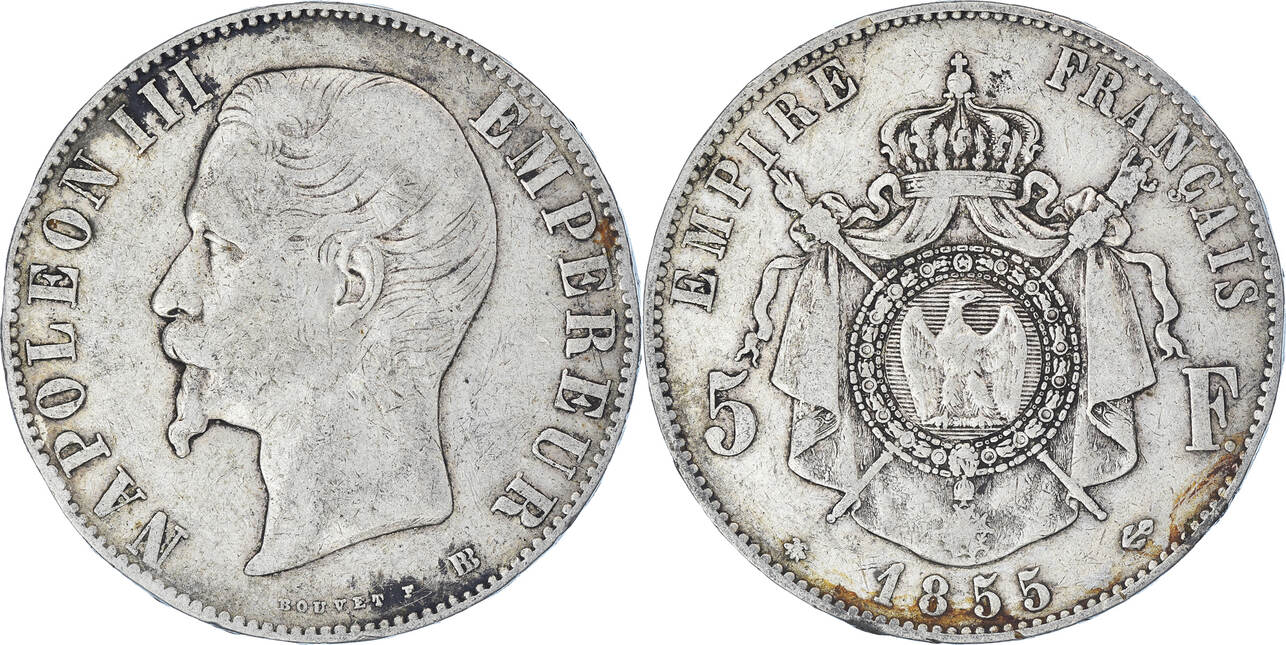 France 5 Francs 1855 BB Coin, Napoleon III, Strasbourg, Silver VF(20-25 ...