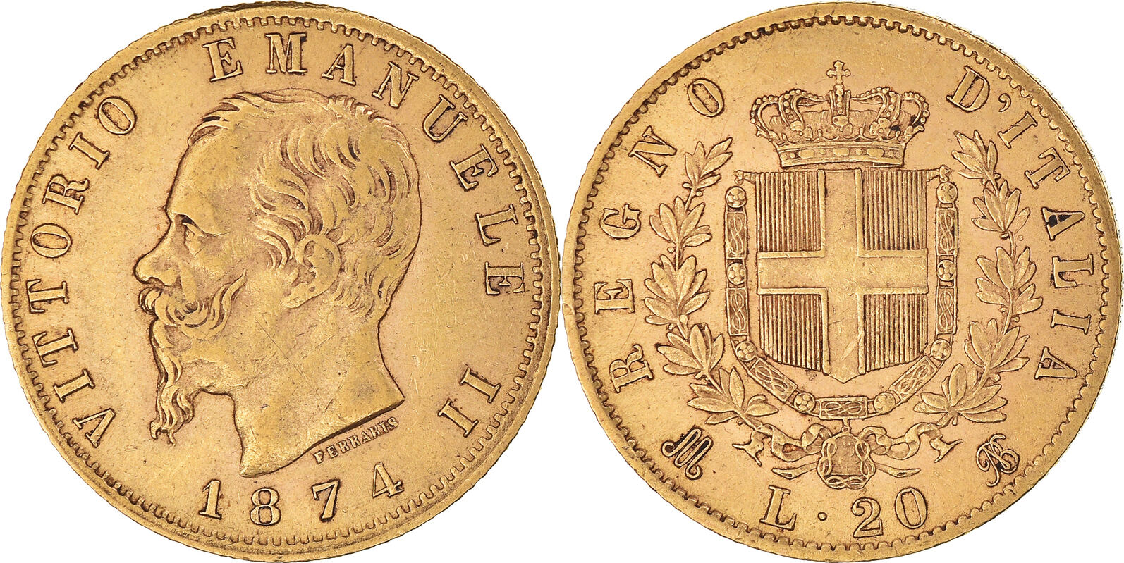 Italy 20 Lire 1874 M Coin, Vittorio Emanuele II, Milan, Gold AU(50-53 ...