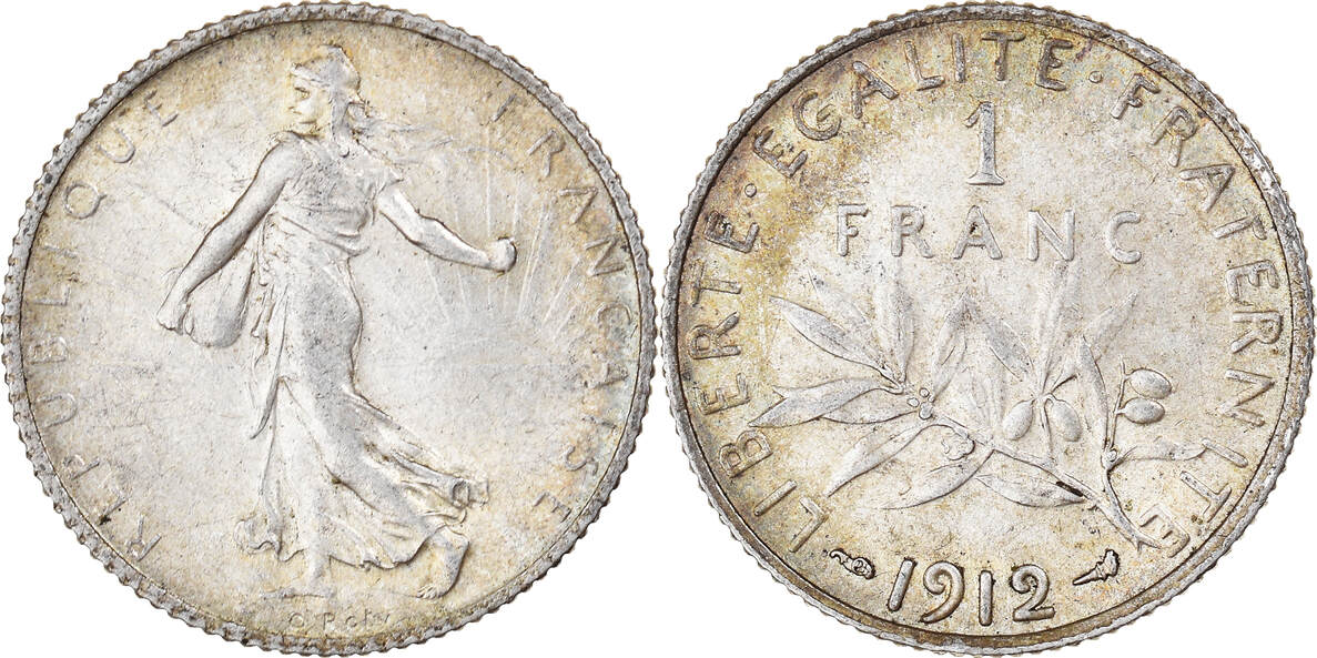 France Franc 1912 Paris Coin, Semeuse, Paris, Silver, KM:844.1 AU(50-53) | MA-Shops