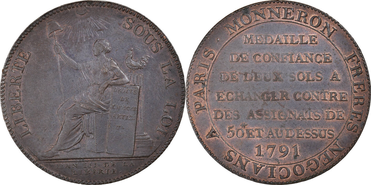 France 2 Sols 1791 Coin, Bronze, KM:Tn23, Brandon:217 MS(60-62) | MA-Shops