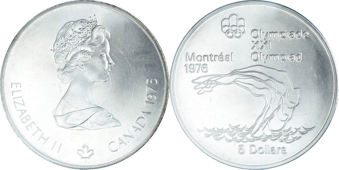 Canada 5 Dollars 1975 Coin, Elizabeth II, Platform Diver, Silver MS(65 ...