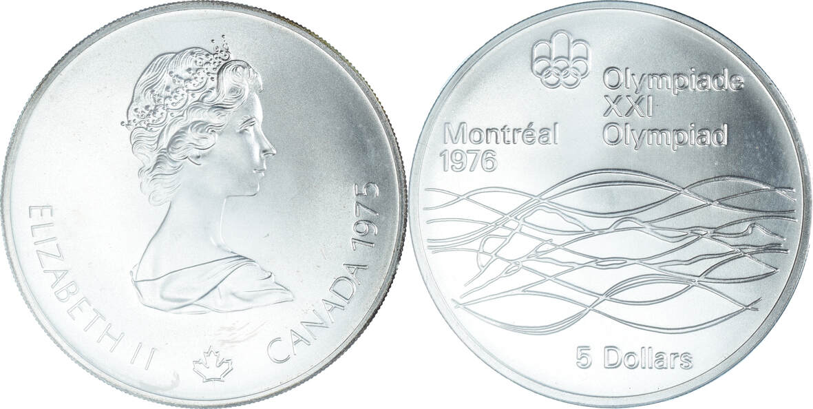 Canada 5 Dollars 1975 Coin, Elizabeth II, Swimming, Silver, KM:100 MS ...