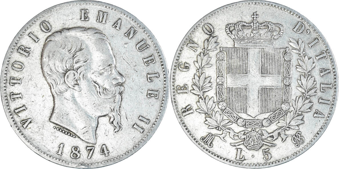 Italy 5 Lire 1874 M Coin, Vittorio Emanuele II, Milan, Silver VF(30-35 ...