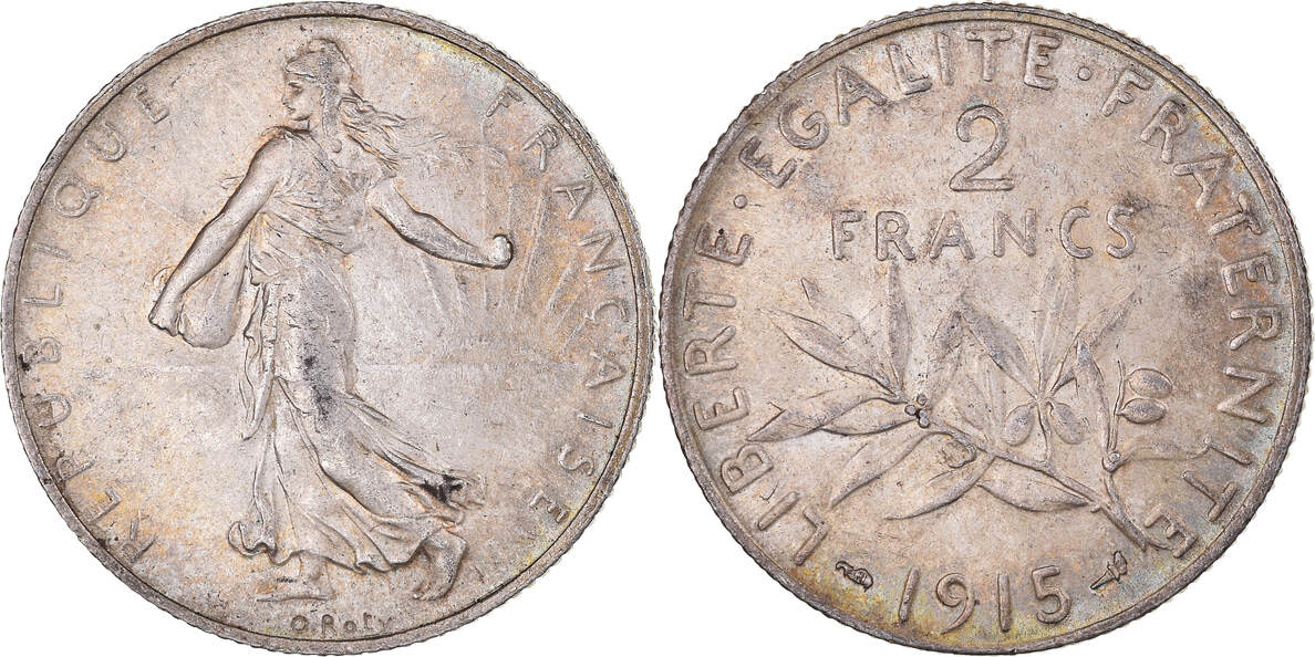 France 2 Francs 1915 Paris Coin, Semeuse, Paris, Silver, KM:845.1 MS(60-62) | MA-Shops