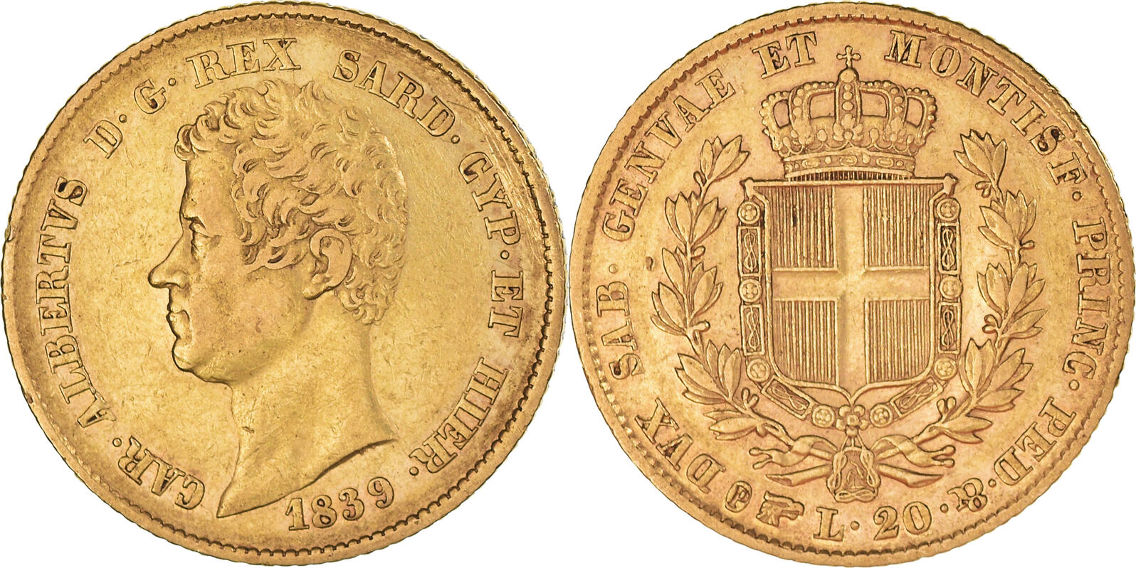 ITALIAN STATES 20 Lire 1839 Torino Coin, SARDINIA, Carlo Alberto ...