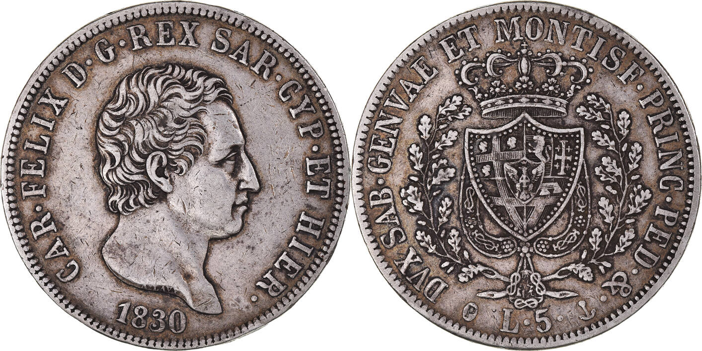 ITALIAN STATES 5 Lire 1830 Torino Coin, SARDINIA, Carlo Felice, Torino ...