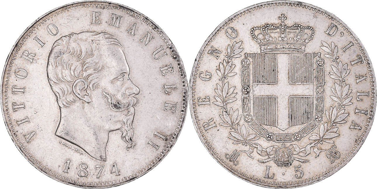 Italy 5 Lire 1874 M Coin, Vittorio Emanuele II, Milan, Silver AU(55-58 ...