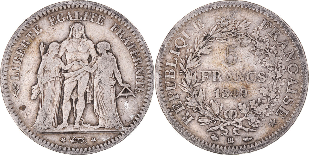France 5 Francs 1849 BB Coin, Hercule, Strasbourg, Silver, KM:756.2 VF ...