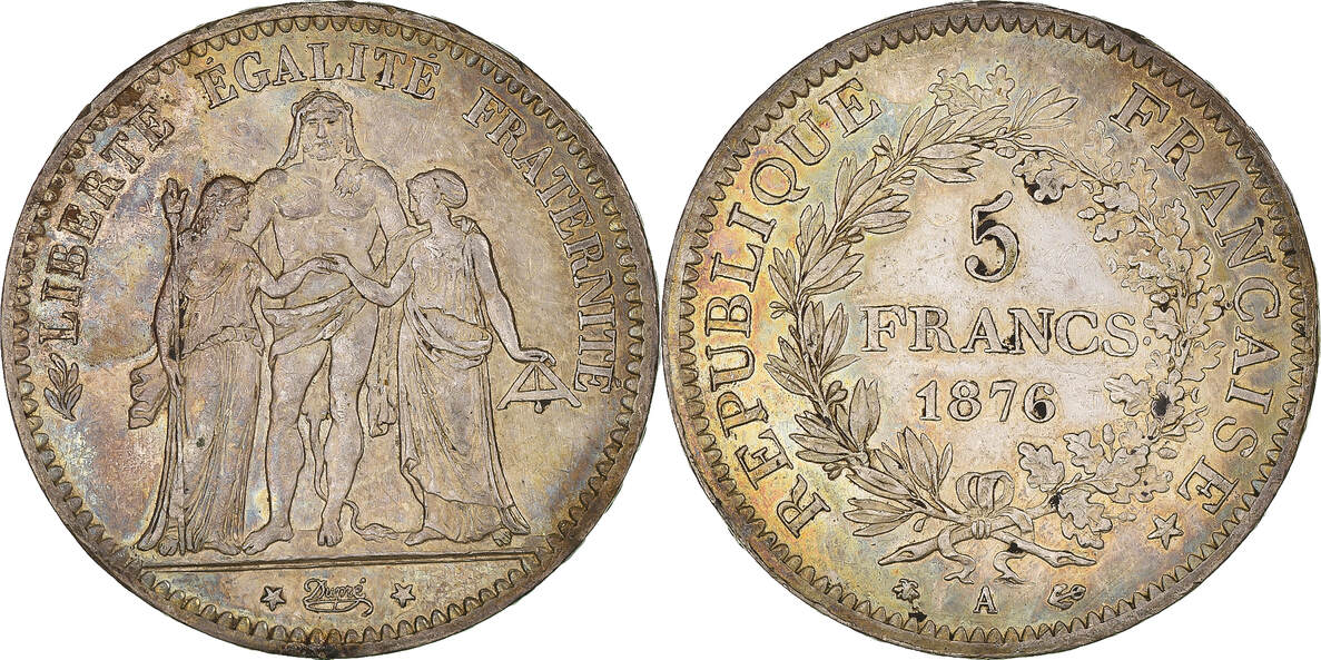 France 5 Francs 1876 A Coin, Hercule, Paris, Silver, KM:820.1 EF(40-45 ...