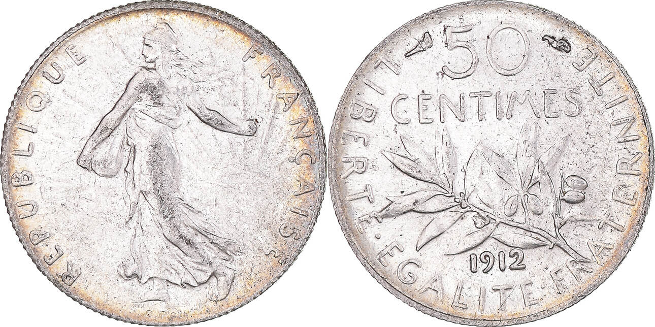 France 50 Centimes 1912 Paris Coin, Semeuse, Paris, Silver, KM:854 MS(63) | MA-Shops
