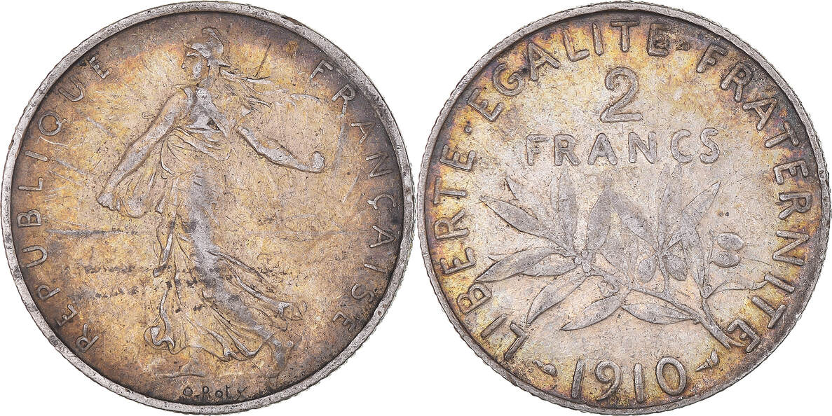 France 2 Francs 1910 Paris Coin, Semeuse, Paris, Silver, KM:845.1 AU(50-53) | MA-Shops
