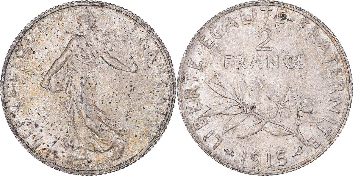France 2 Francs 1915 Paris Coin, Semeuse, Paris, Silver, KM:845.1, Le AU(55-58) | MA-Shops