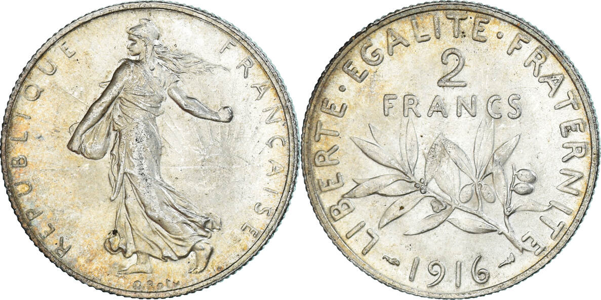 France 2 Francs 1916 Paris Coin, Semeuse, Paris, Silver, KM:845.1 MS(63) | MA-Shops