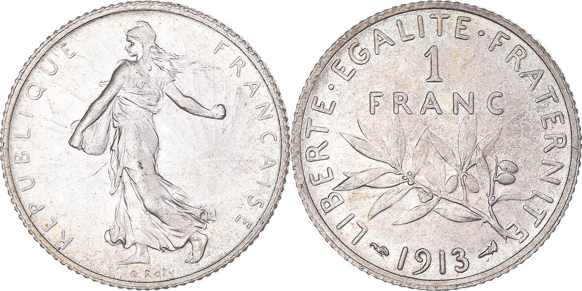 France Franc 1913 Paris Coin, Semeuse, Paris, Silver, KM:844.1 AU(55-58) | MA-Shops