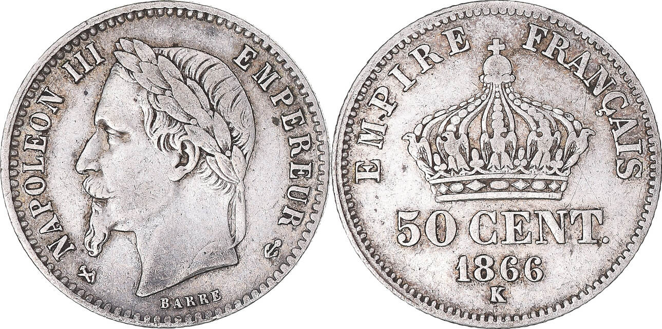 France 50 Centimes 1866 K Coin, Napoleon III, Bordeaux, Silver EF(40-45 ...