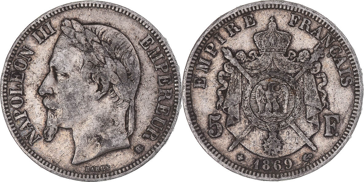 France 5 Francs 1869 BB Coin, Napoléon III, Strasbourg, Silver VF(30-35 ...