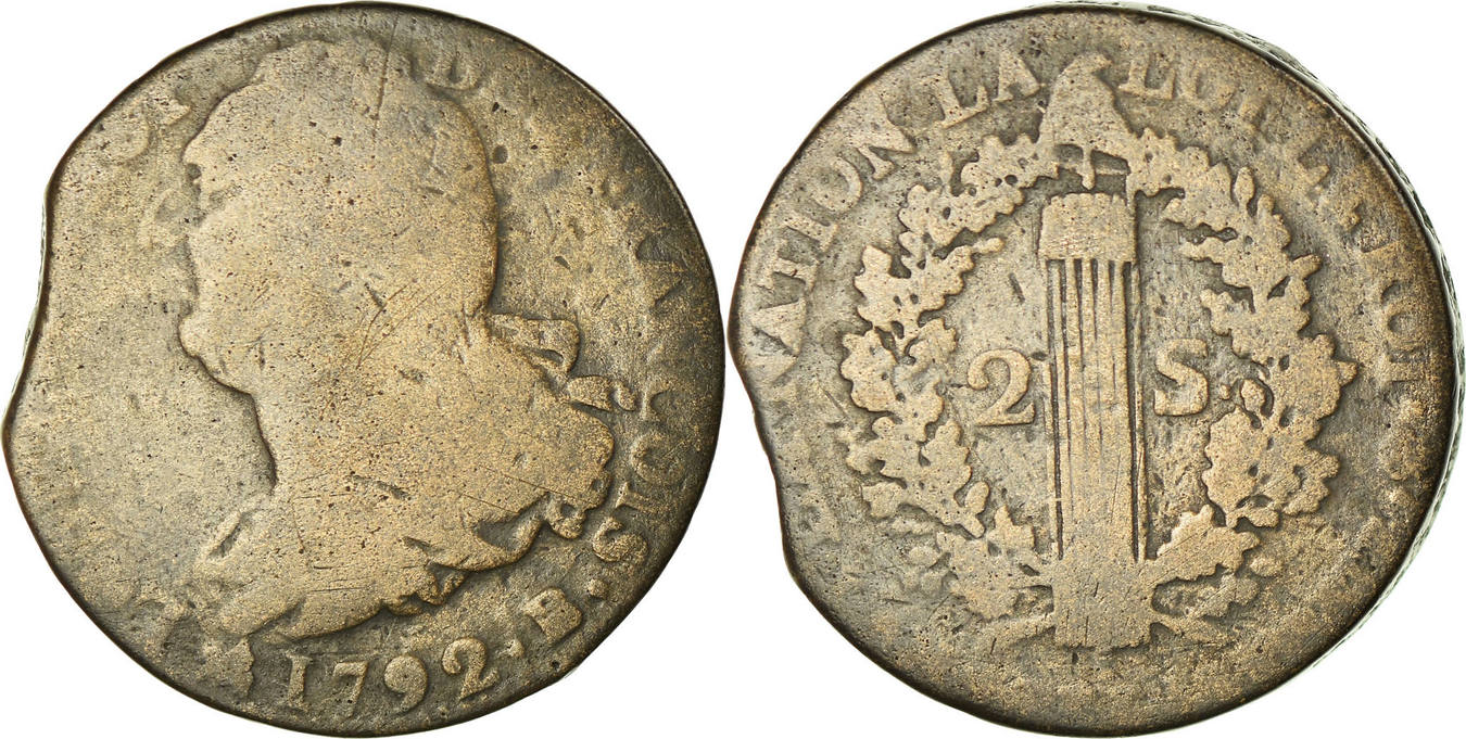 France 1792 B Coin, 2 sols françois, Rouen, Bronze VF(20-25) | MA-Shops