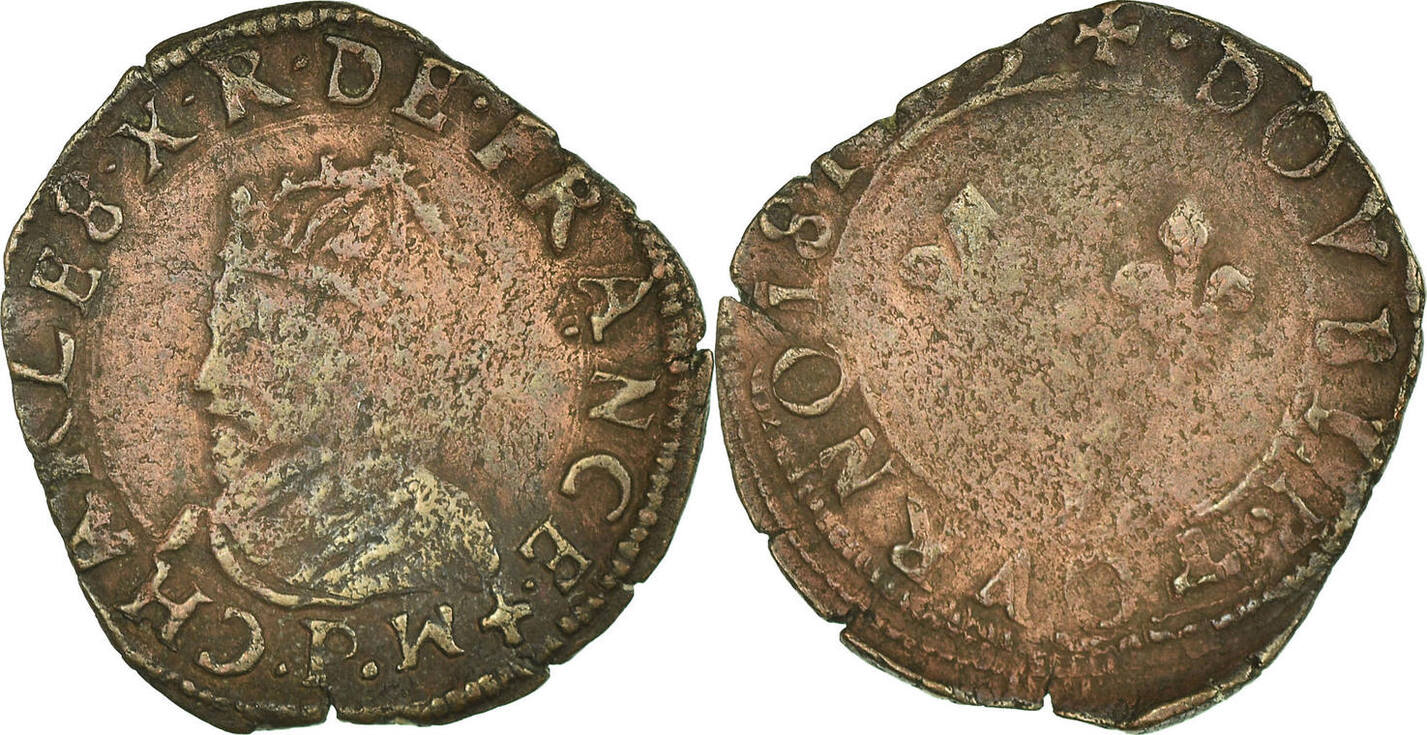 France Double Tournois 1593 Dijon Coin, Charles X, Dijon, Copper EF(40 ...